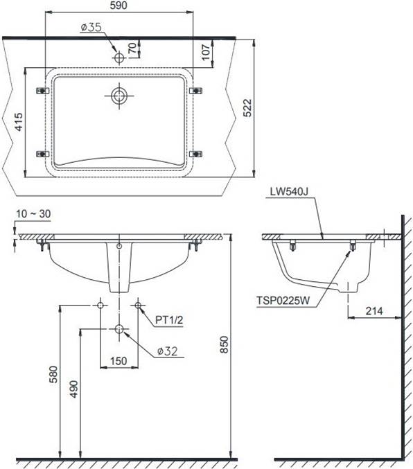 LW540J อ่างล้างหน้าฝังใต้เคาน์เตอร์ ขนาด 590x415 มม.