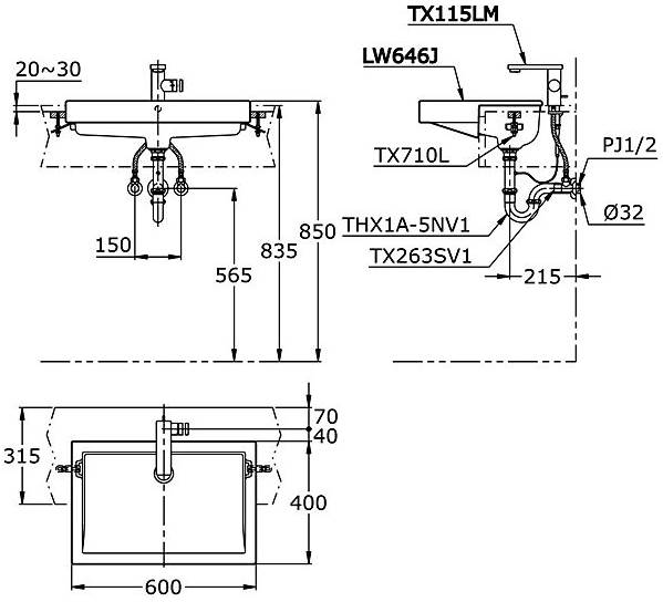 LW646JW/F อ่างล้างหน้งฝังครึ่งเคาน์เตอร์ ขนาด 600x400 มม.
