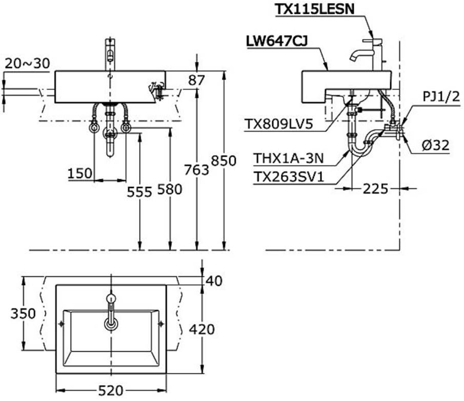 LW647CJW/F อ่างล้างหน้าฝังครึ่งเคาน์เตอร์ (1 รูก๊อก) ขนาด 520x420มม.