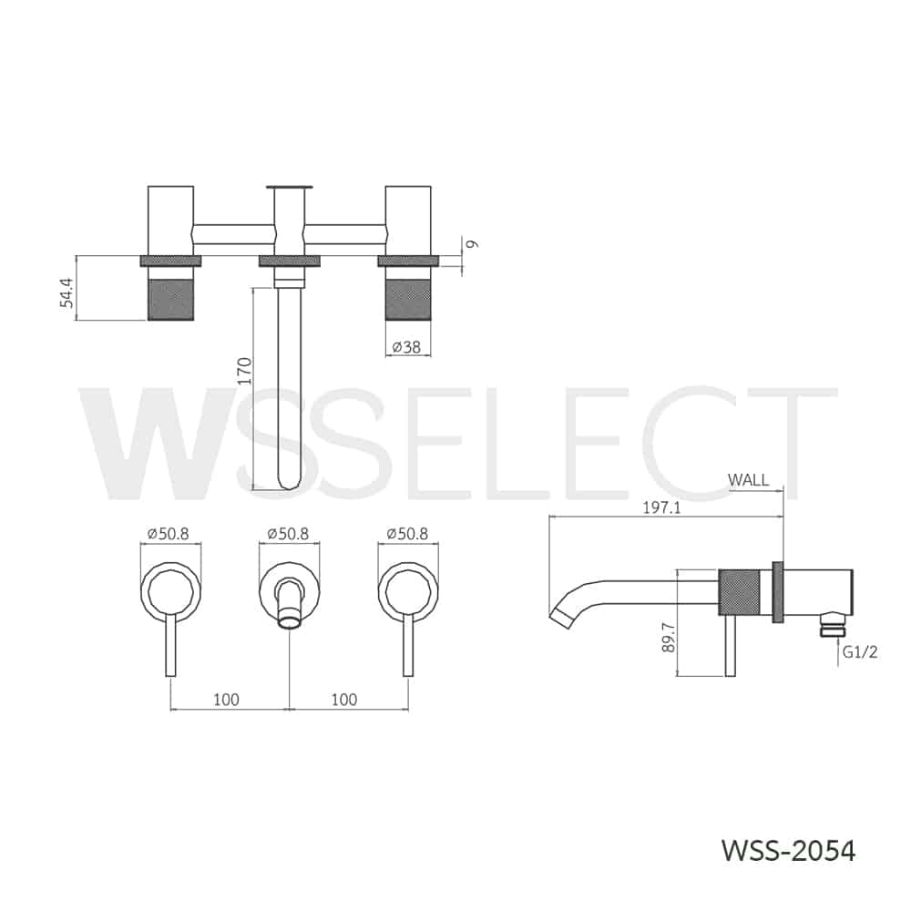 WSS-2054-G ก๊อกอ่างล้างหน้าน้ำผสม แบบฝังผนัง สีทอง