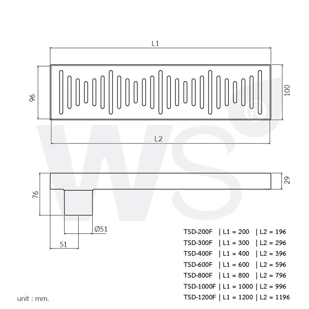 TSD-600F รางระบายน้ำสแตนเลส แบบหน้าตะแกรง ขนาด 60 ซม.